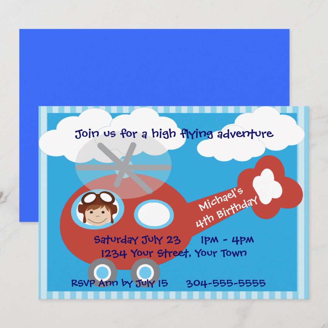 Kids Helicopter Birthday Party Invitation | Zazzle