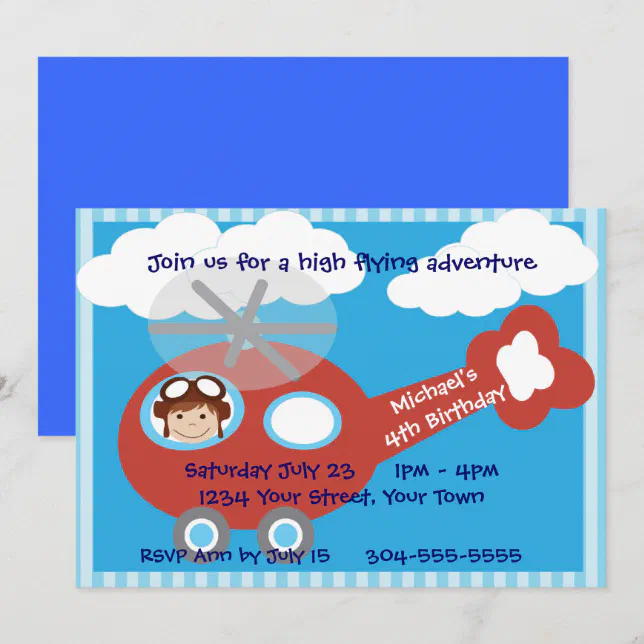 Kids Helicopter Birthday Party Invitation | Zazzle