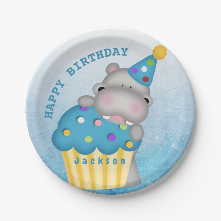Kids Hippo Birthday Cupcake Sprinkles Personalized Paper Plates ...