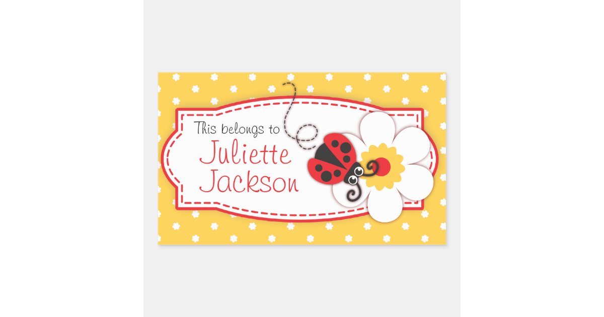 kids ladybug book plate id name yellow sticker | Zazzle