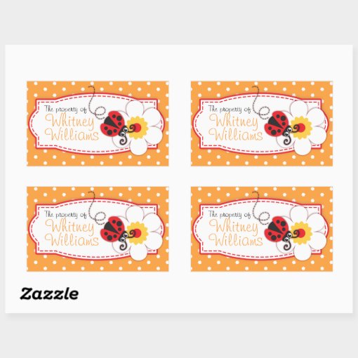 kids ladybug book plate or id name orange sticker | Zazzle