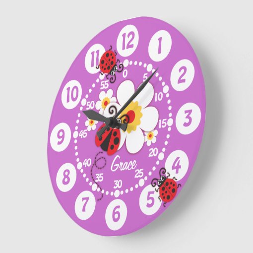 Kids ladybug & flower cute purple girls wall clock | Zazzle