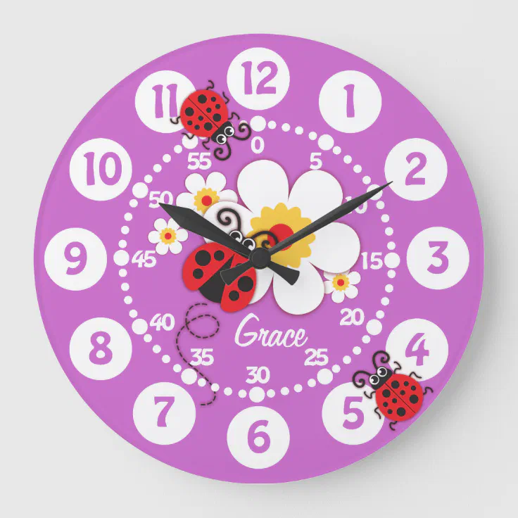 Kids ladybug & flower cute purple girls wall clock | Zazzle