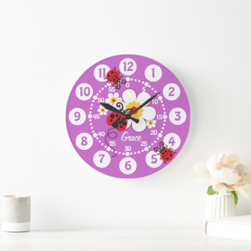Kids ladybug & flower cute purple girls wall clock | Zazzle