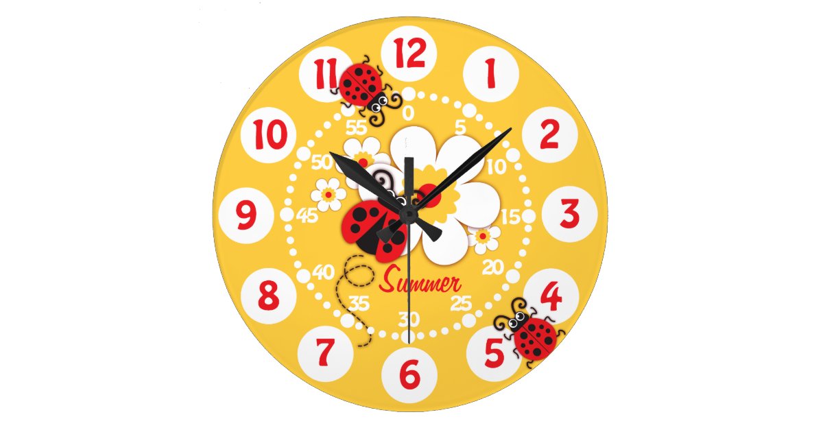 Kids ladybug & flower cute yellow girls wall clock | Zazzle