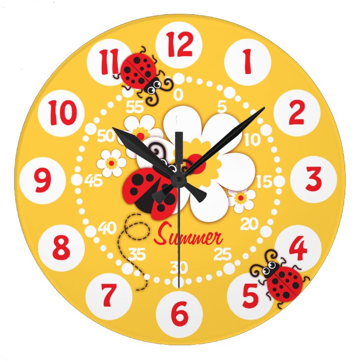 Kids ladybug & flower cute yellow girls wall clock | Zazzle