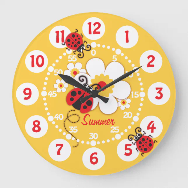 Kids ladybug & flower cute yellow girls wall clock | Zazzle