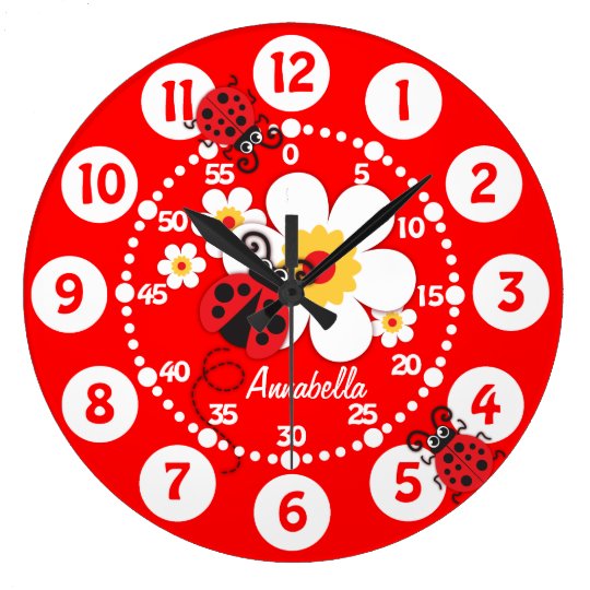 Kids ladybug & flowers bright red wall clock | Zazzle.com