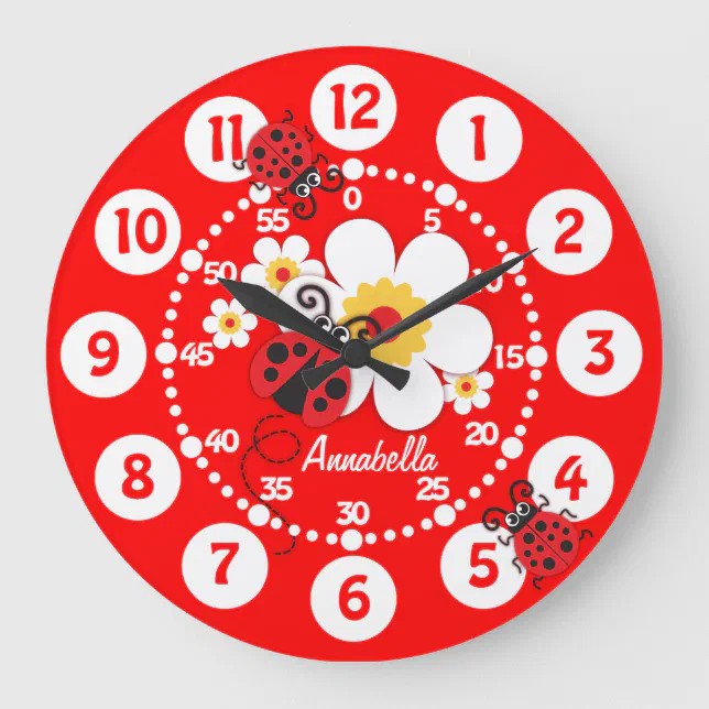 Kids ladybug & flowers bright red wall clock | Zazzle