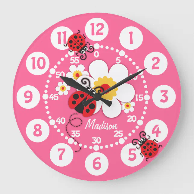 Kids ladybug & flowers cute pink girls wall clock | Zazzle