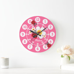 Kids ladybug & flowers cute pink girls wall clock | Zazzle