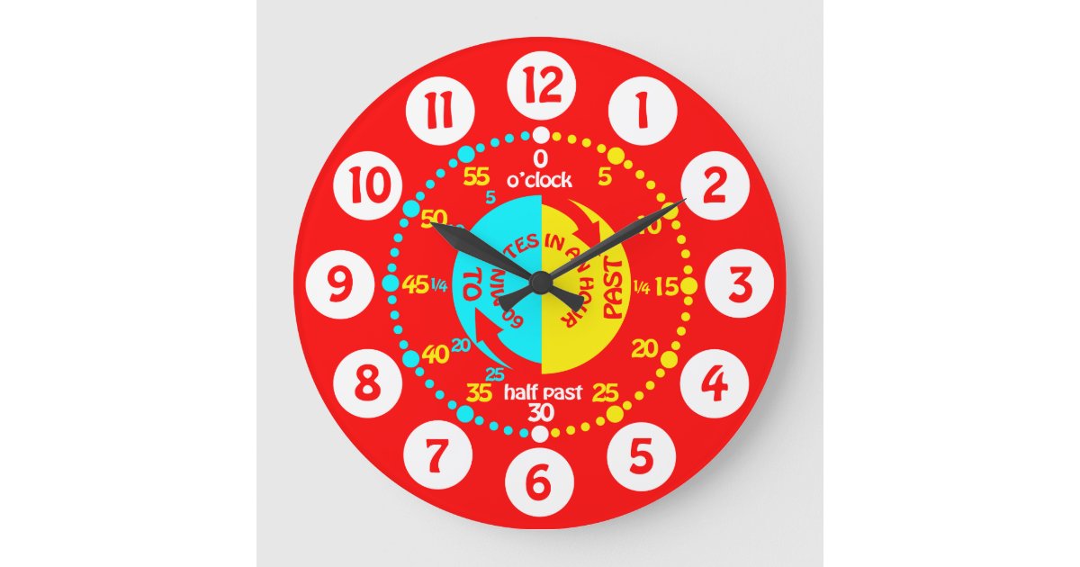 Kids learn to tell time bright red wall clock | Zazzle