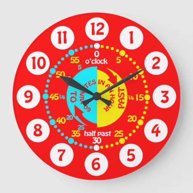 Kids learn to tell time bright red wall clock | Zazzle