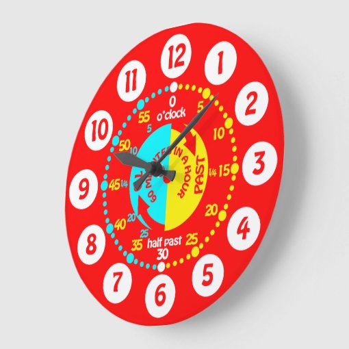 Kids learn to tell time bright red wall clock | Zazzle