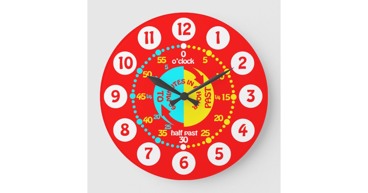 Kids learn to tell time bright red wall clock | Zazzle