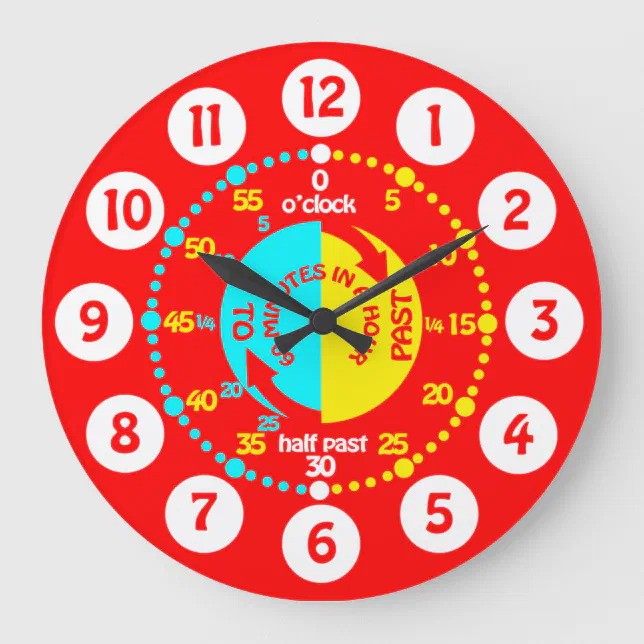 Kids learn to tell time bright red wall clock | Zazzle