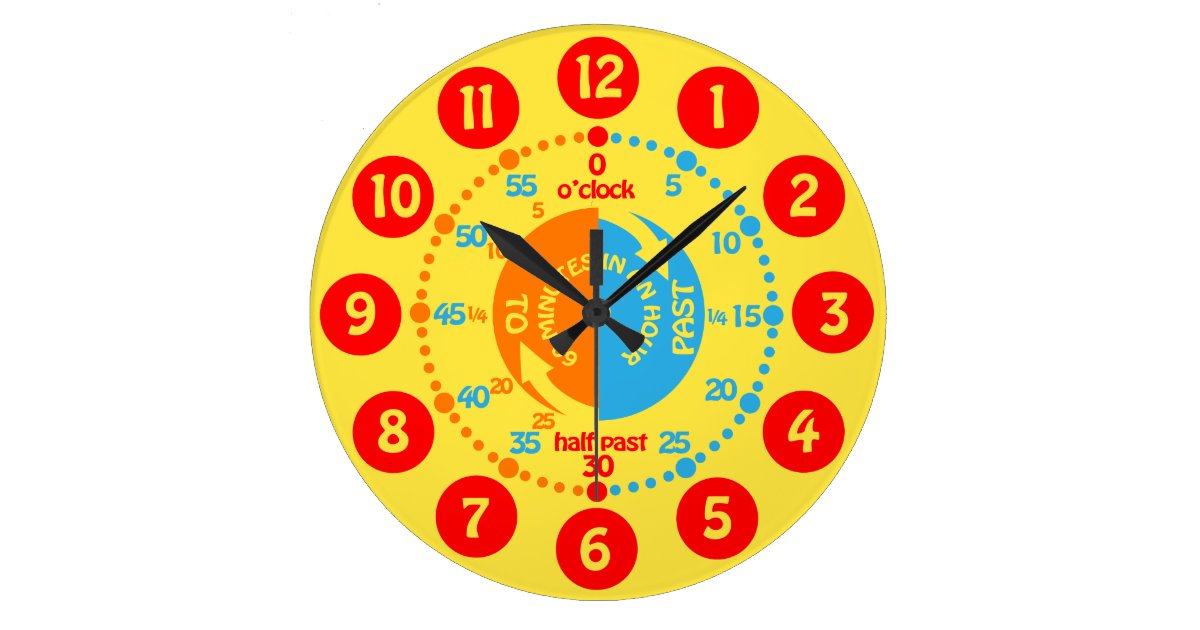 Kids learn to tell time yellow red blue wall clock | Zazzle.com