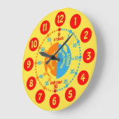 Kids learn to tell time yellow red blue wall clock | Zazzle