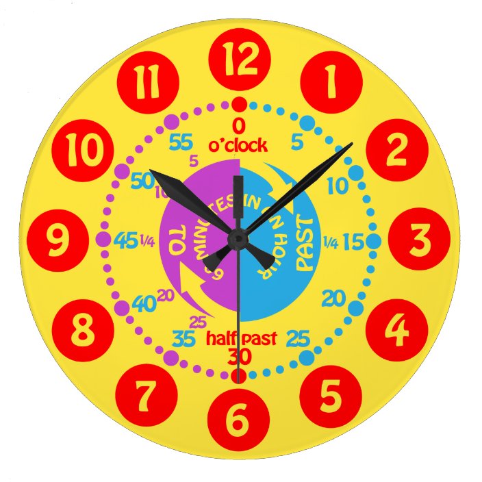 Kids learn to tell time yellow red purple clock | Zazzle.com