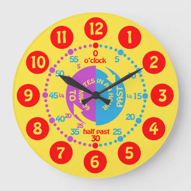 Kids learn to tell time yellow red purple clock | Zazzle