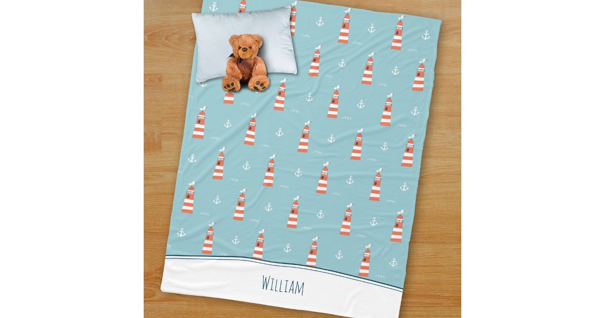 Kids Lighthouse and Anchor Pattern on Blue Fleece Blanket | Zazzle