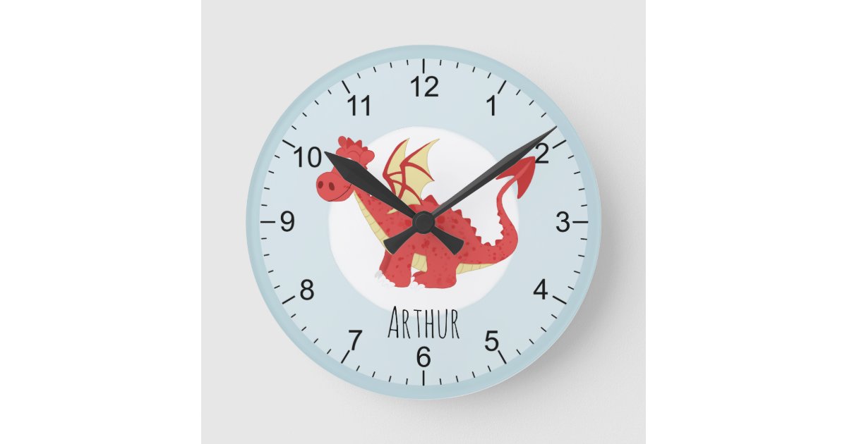 Kids Magical Red Welsh Dragon Cartoon Boys Nursery Round Clock | Zazzle