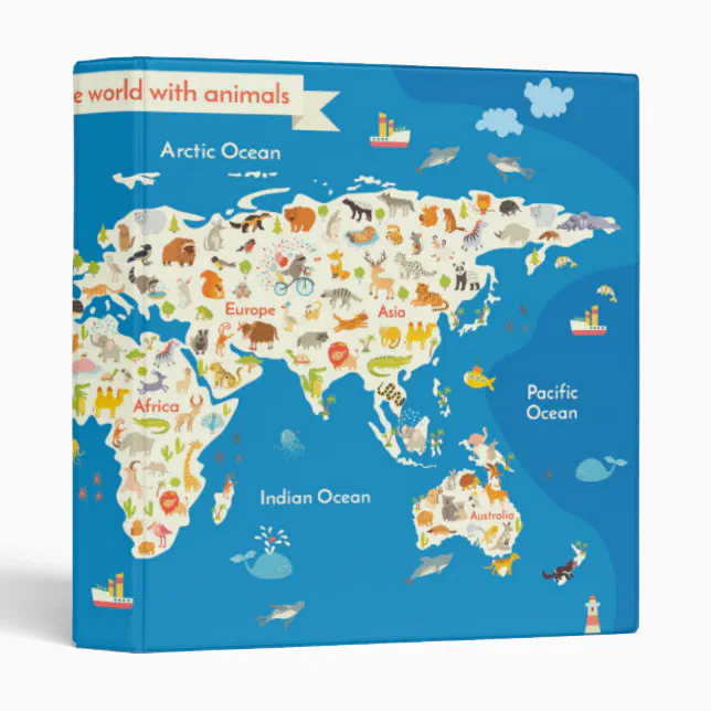Kids Map of the World With Animals 3 Ring Binder | Zazzle