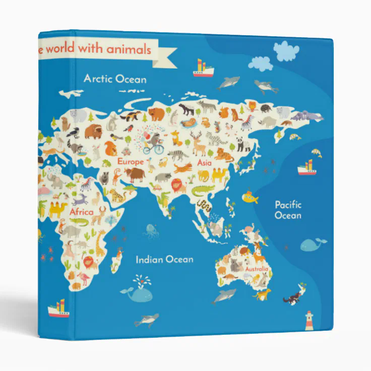 Kids Map of the World With Animals 3 Ring Binder | Zazzle