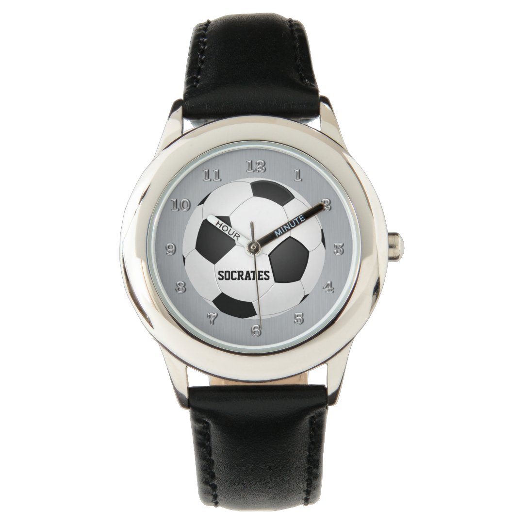 Kids Monogram Soccer Ball Watch Black White Gray | Zazzle