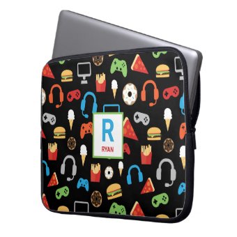 Kids Monogrammed Video Game Party Pattern Gamer Laptop Sleeve | Zazzle