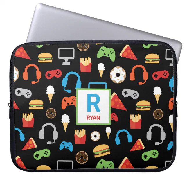 Kids Monogrammed Video Game Party Pattern Gamer Laptop Sleeve | Zazzle