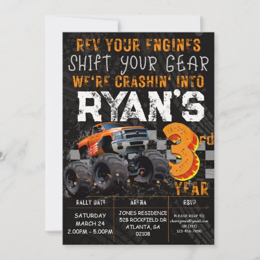 Kids Monster Truck Rally 3rd Birthday Party Invitation | Zazzle