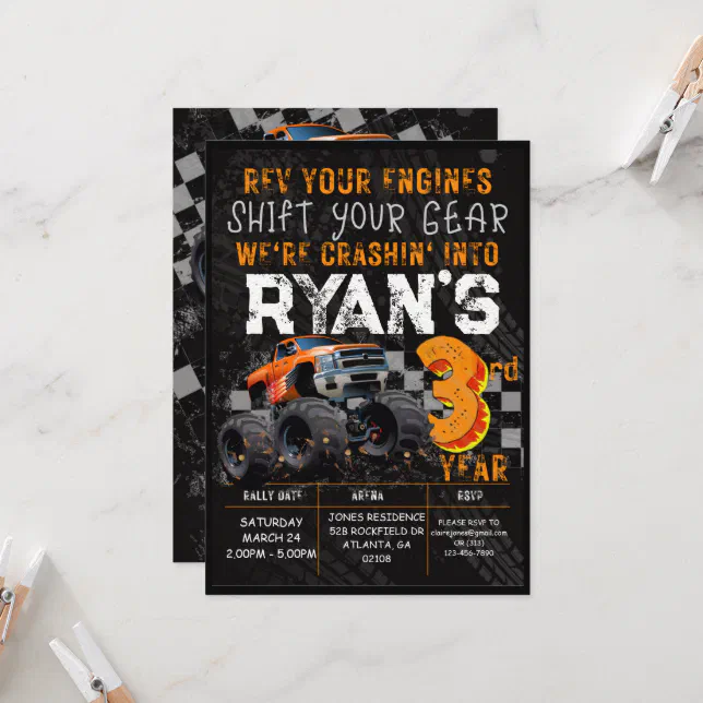 Kids Monster Truck Rally 3rd Birthday Party Invitation | Zazzle