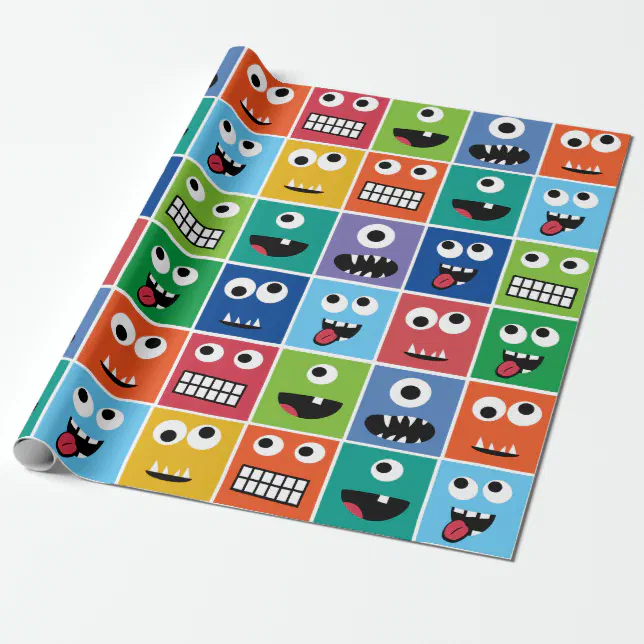 Kids Monsters Pattern Monster Faces Colorful Funny Wrapping Paper | Zazzle