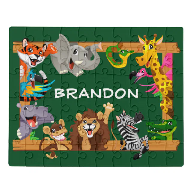 Kids Name Jungle Safari Cute Animals Green Jigsaw Puzzle | Zazzle