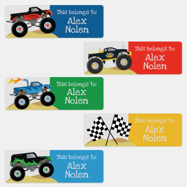 Kids Name Labels for School Supplies Monster Truck | Zazzle