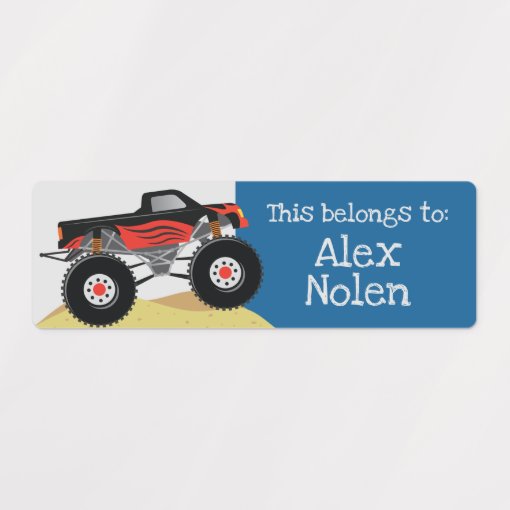 Kids Name Labels for School Supplies Monster Truck | Zazzle