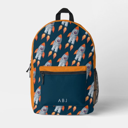 Kids Outer Space Rocket Monogrammed Printed Backpack | Zazzle
