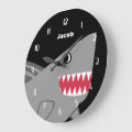 Kids Personalized Cute Gray Shark Black and White Large Clock | Zazzle