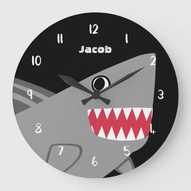 Kids Personalized Cute Gray Shark Black and White Large Clock | Zazzle