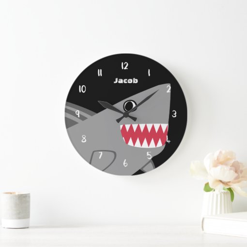 Kids Personalized Cute Gray Shark Black and White Large Clock | Zazzle