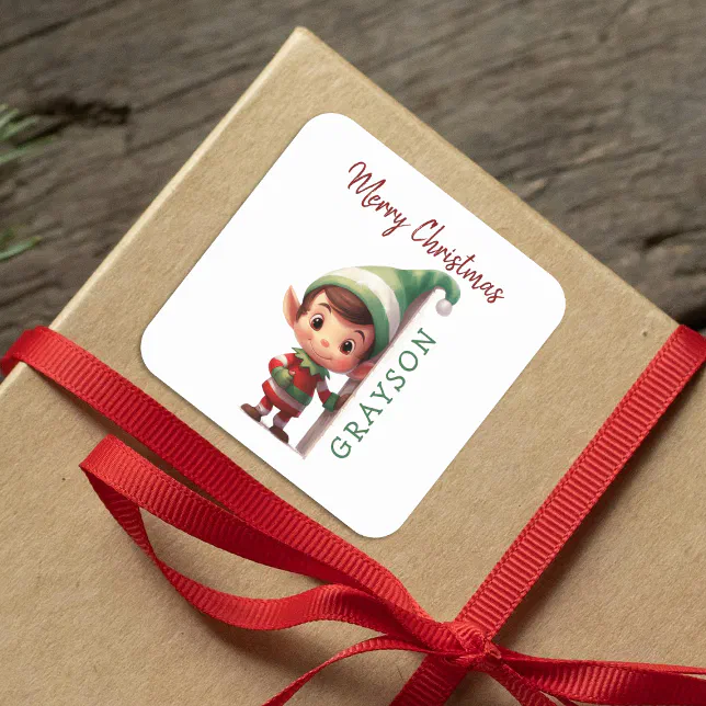 Kids Personalized Elf Christmas Square Sticker | Zazzle