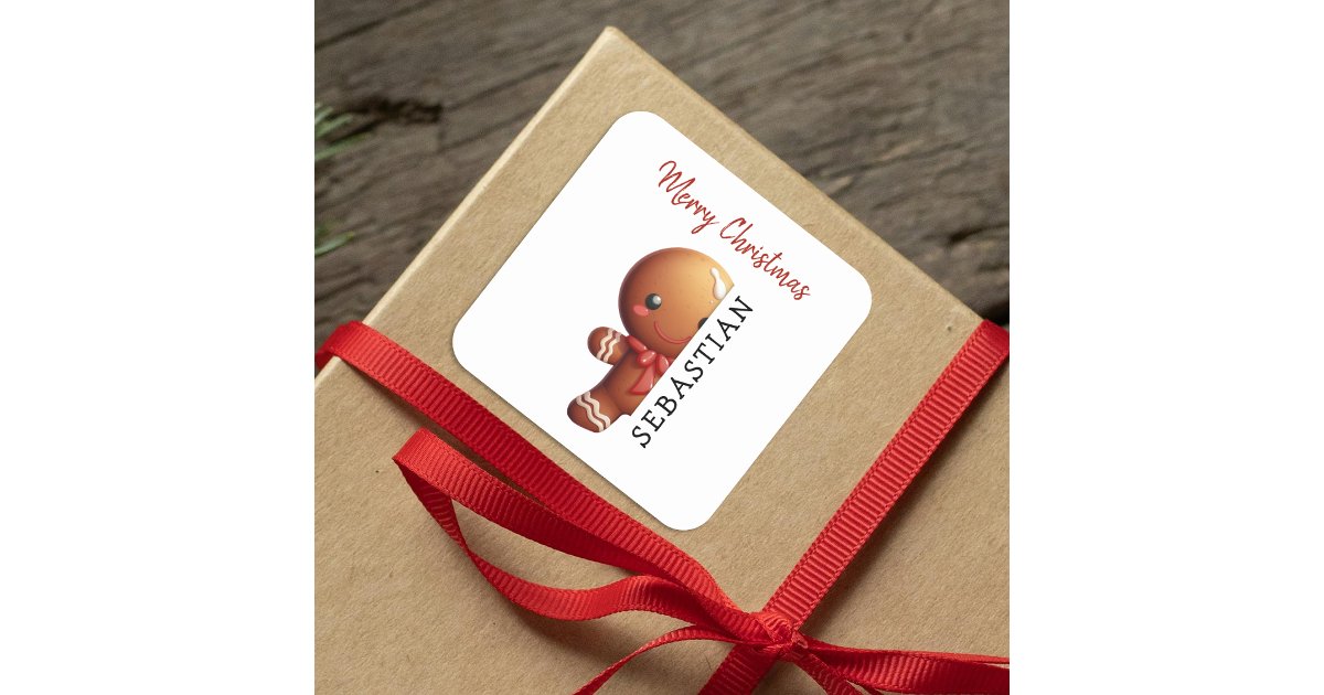 Kids Personalized Gingerbread Man Christmas Square Sticker | Zazzle