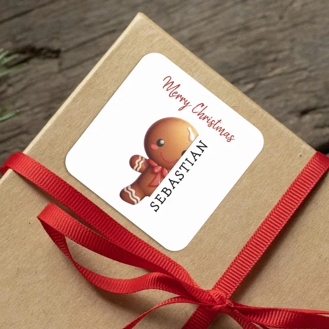 Kids Personalized Gingerbread Man Christmas Square Sticker | Zazzle
