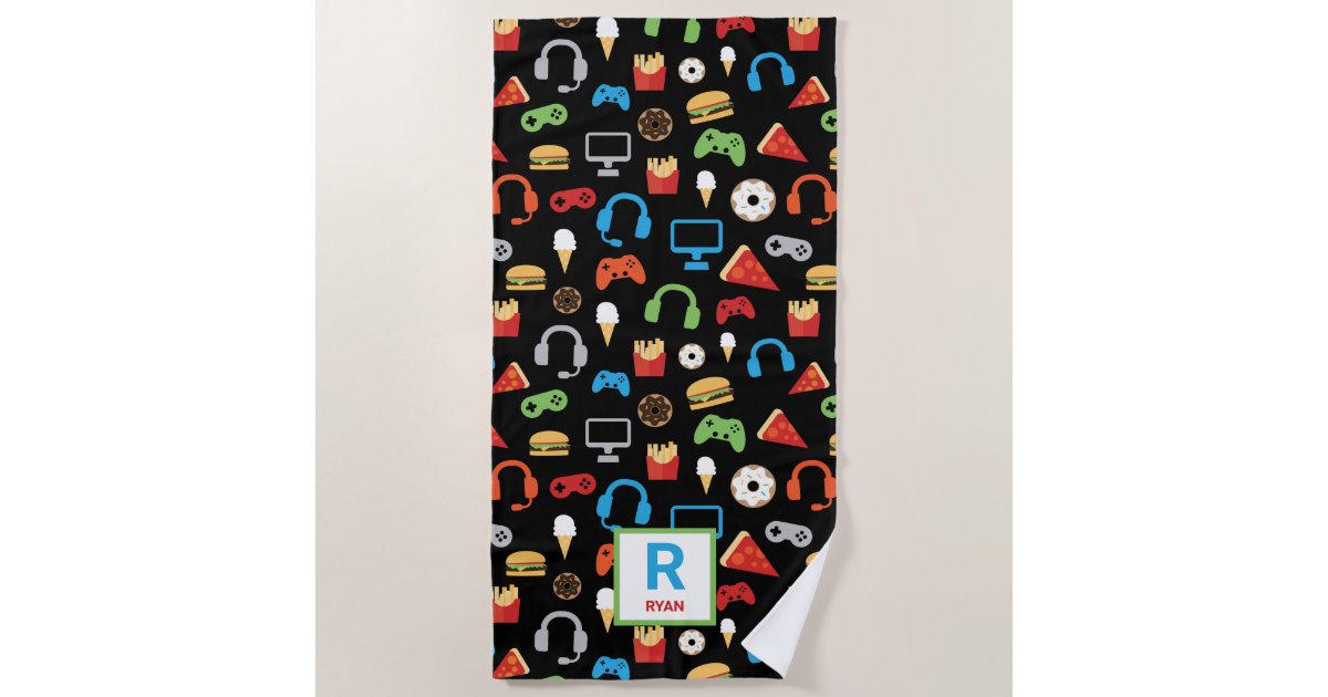 Kids Personalized Video Game Pattern Gamer Snacks Beach Towel | Zazzle