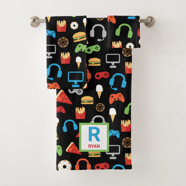 Kids Personalized Video Game Snacks Gamer Pattern Bath Towel Set | Zazzle