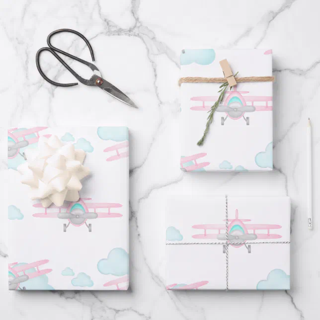 Kids Pink Airplane Flying Aviation Birthday Wrapping Paper Sheets | Zazzle
