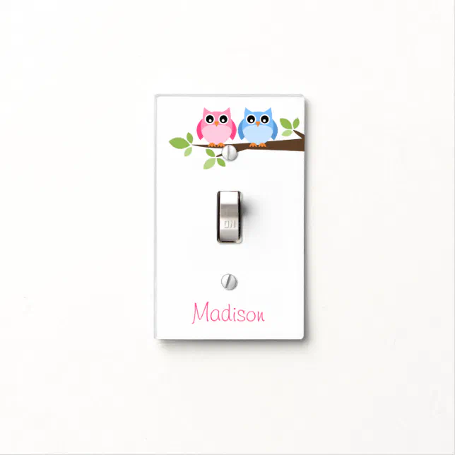 Kids Pink and Blue Owl Personalized Light Switch Cover | Zazzle