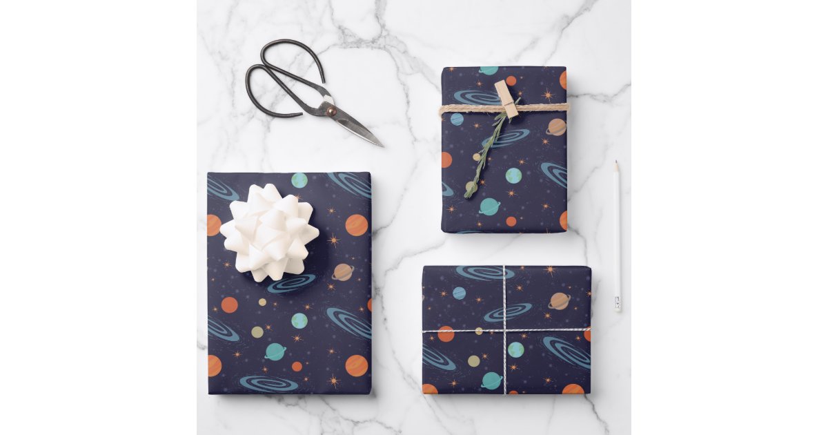Kids Planets Solar System Galaxy Sparkling Stars Wrapping Paper Sheets ...
