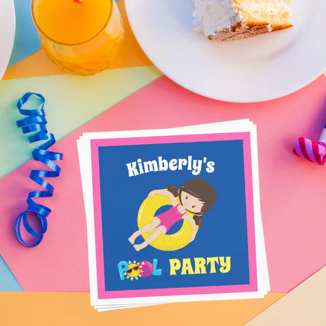 Kids Pool Party Personalized Birthday Girl Napkins | Zazzle